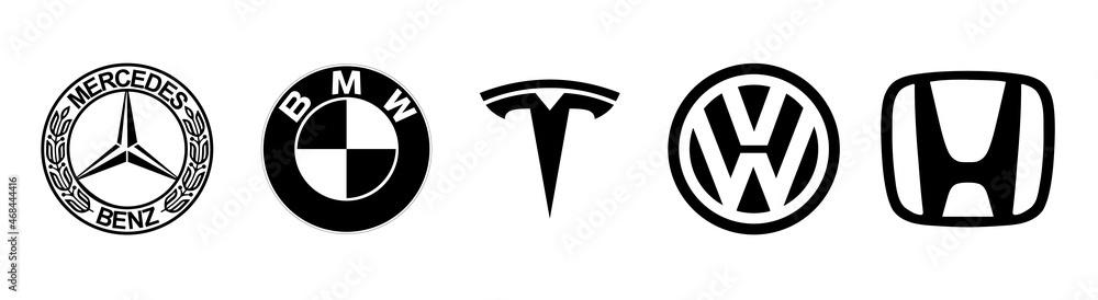 Car brand logos. Popular car brands set. Mercedes logo. BMW logo. Tesla ...