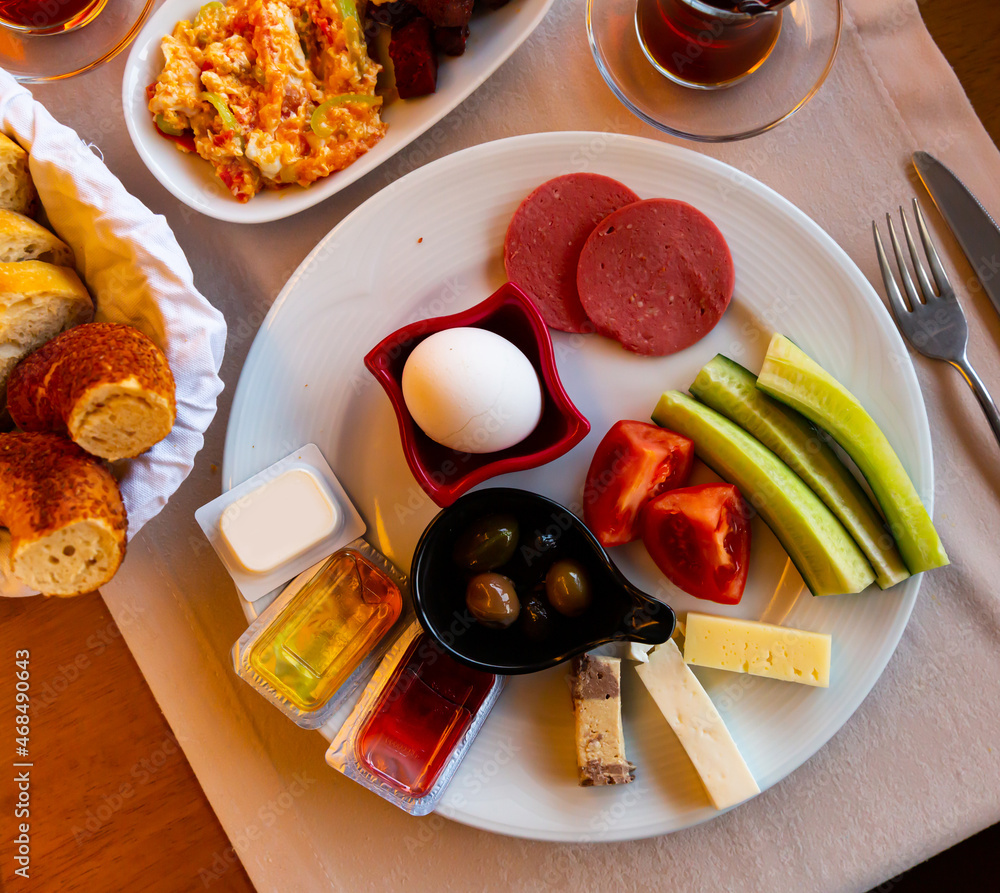 Halal breakfast at the hotel of boiled eggs, smoked sausage, chopped ...