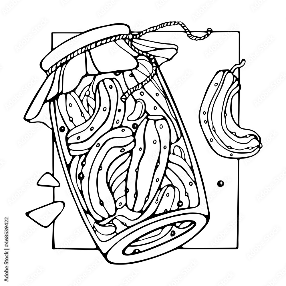 Pickled cucumbers vegetables hand-drawn vector outline illustration ...