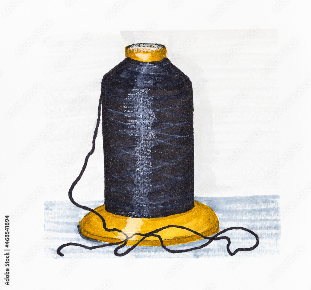 sketch of spool of black sewing thread close up hand-drawn with markers ...