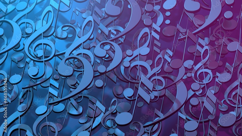 Flying music notes. Abstract blue background structure. Chaotic falling ...