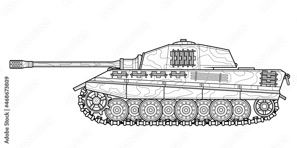 Adult line art military tank coloring page for book and drawing. War ...