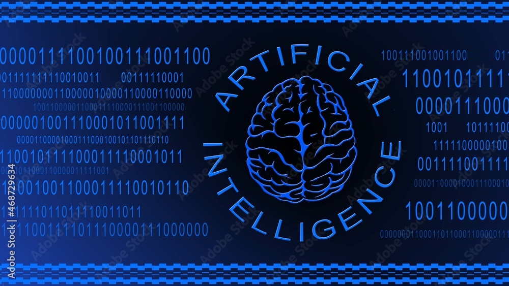 Brain symbol centered in artificial intelligence lettering on blue ...