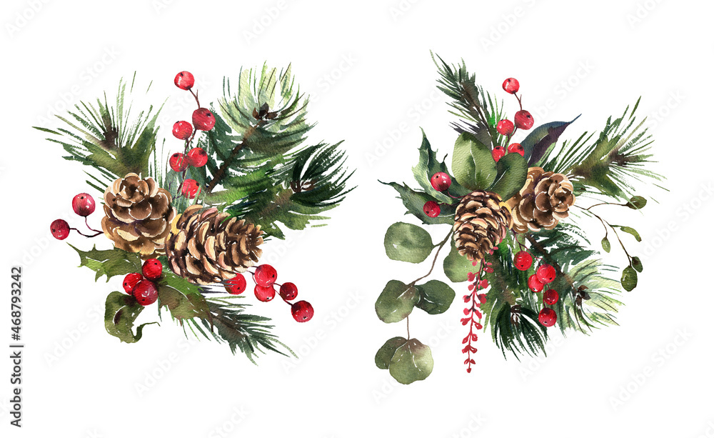 Watercolor Christmas invitation design. Watercolor winter bouquets for ...