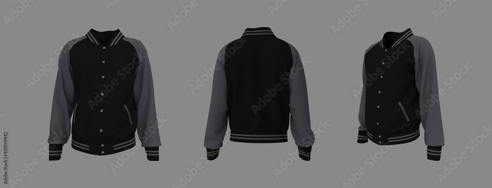 Baseball jacket mockup in front, side and back views. 3d illustration ...