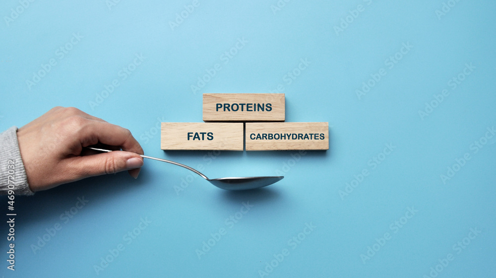 Wooden cubes with inscriptions: proteins, fats, carbohydrates. The ...