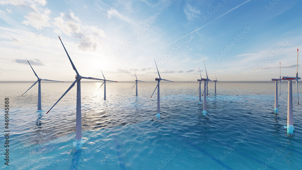 ULTRA HD. Offshore wind turbines farm on the ocean. Close up view ...