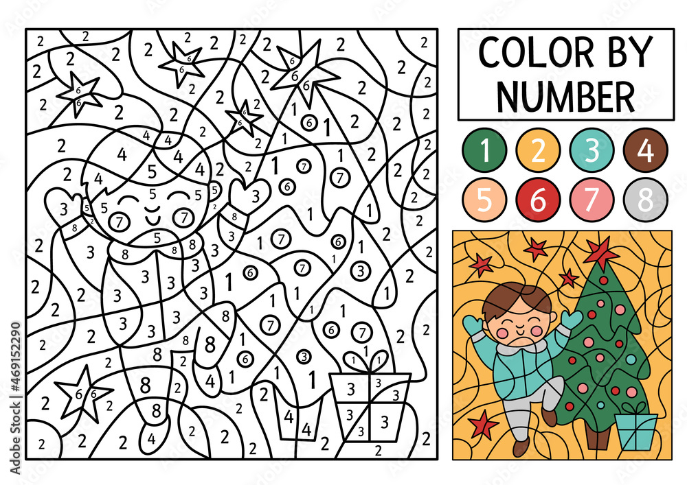 Vector Christmas color by number activity with fir tree, boy, gift box ...