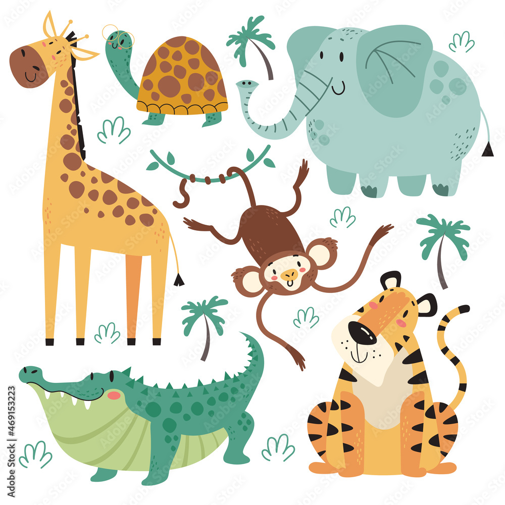 Jungle animals characters isolated set design element flat vector ...
