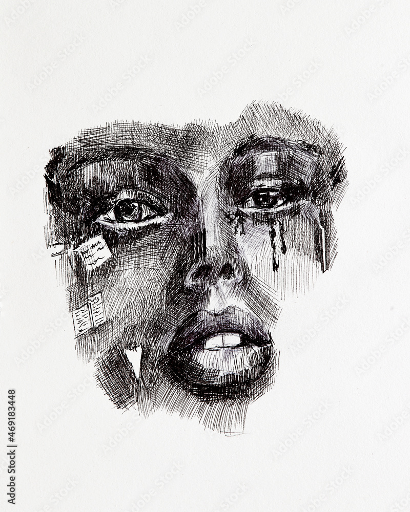 Crying girl - illustration. Detailed drawing of a woman with tears on ...