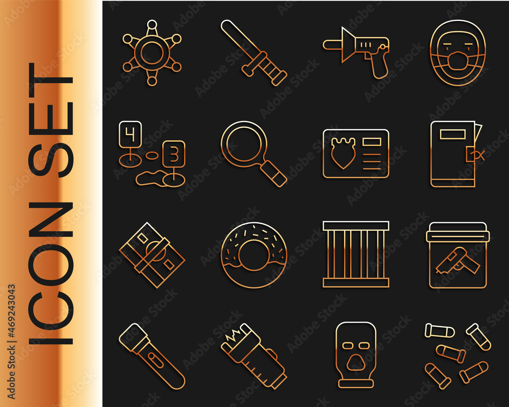 Set line Bullet, Evidence bag with gun, Police station folder ...