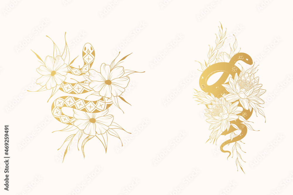 Hand drawn gold twisted snakes among flowers. Golden floral set with ...