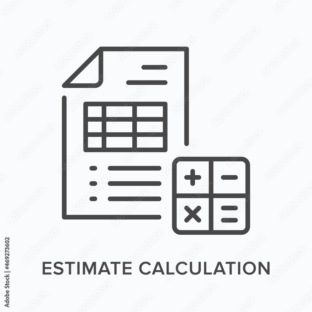 Estimate calculation flat line icon. Vector outline illustration of ...