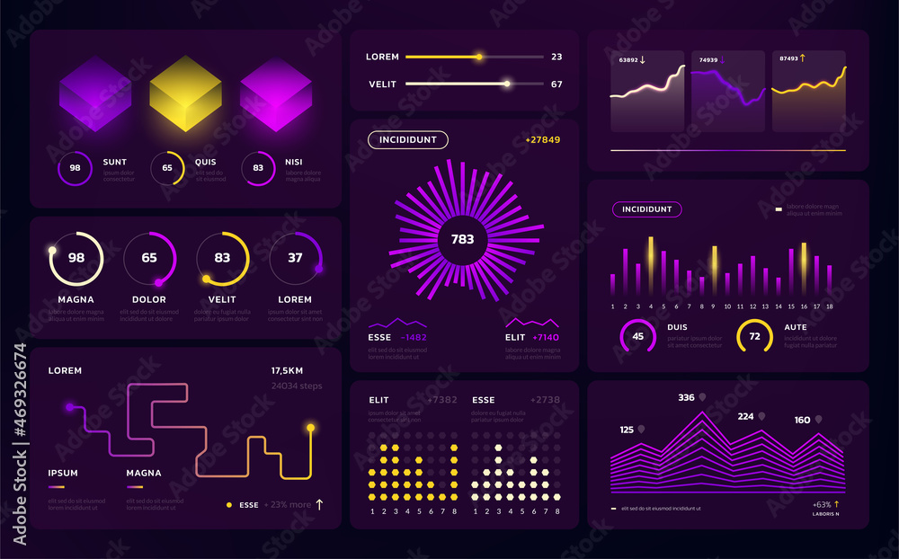 Vector de Stock Futuristic UI dashboard. Technology infographic data interface charts, diagrams ...