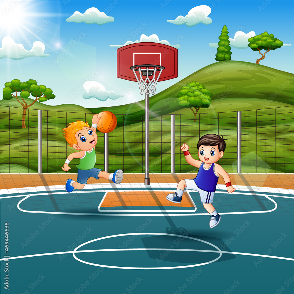 Cartoon kids playing basketball on the court Stock Vector | Adobe Stock