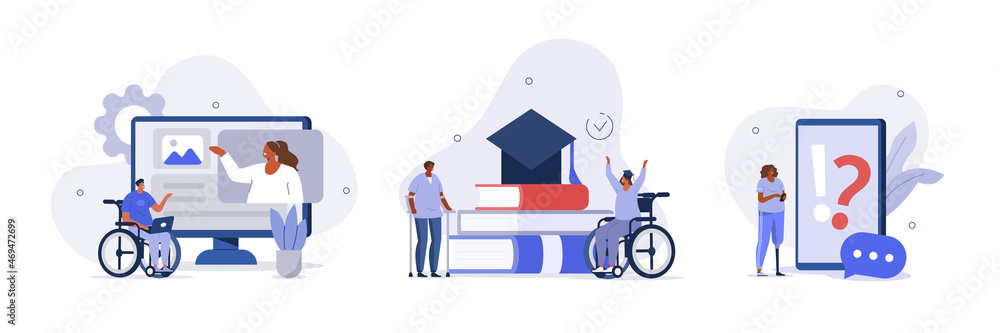 Disability inclusion illustration set. Characters with disabilities ...