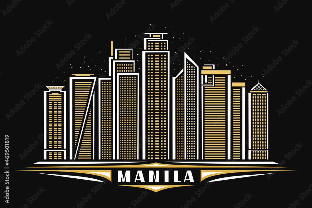Vector illustration of Manila, dark horizontal poster with linear ...