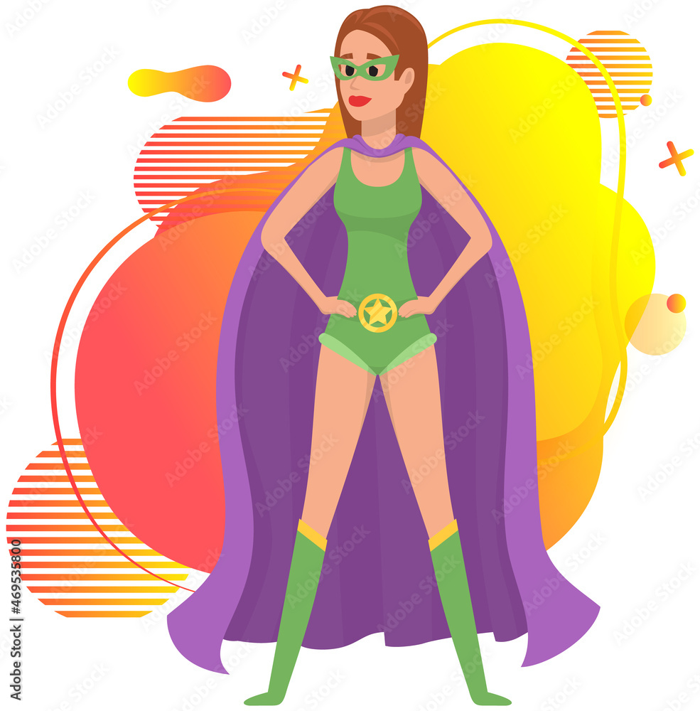 Superwoman smiling, waving hand and has superpowers. Cartoon character ...