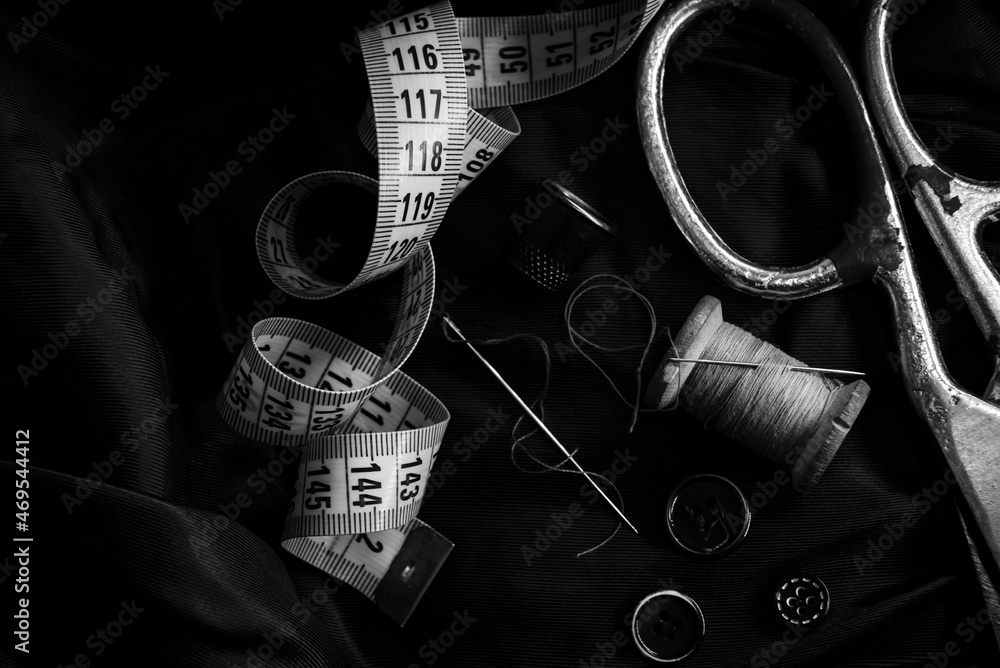 Retro tools for the work of a tailor, seamstress, fashion designer ...