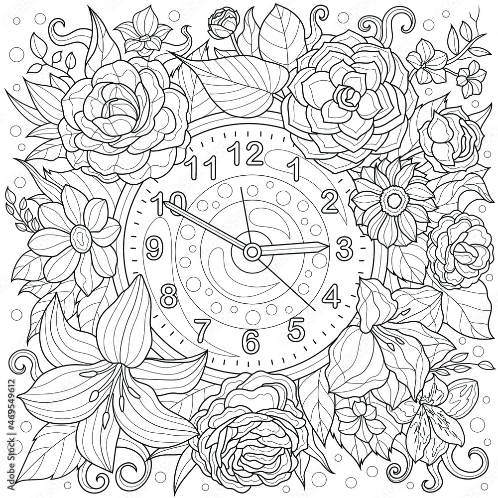 Clock and flowers.Coloring book antistress for children and adults ...