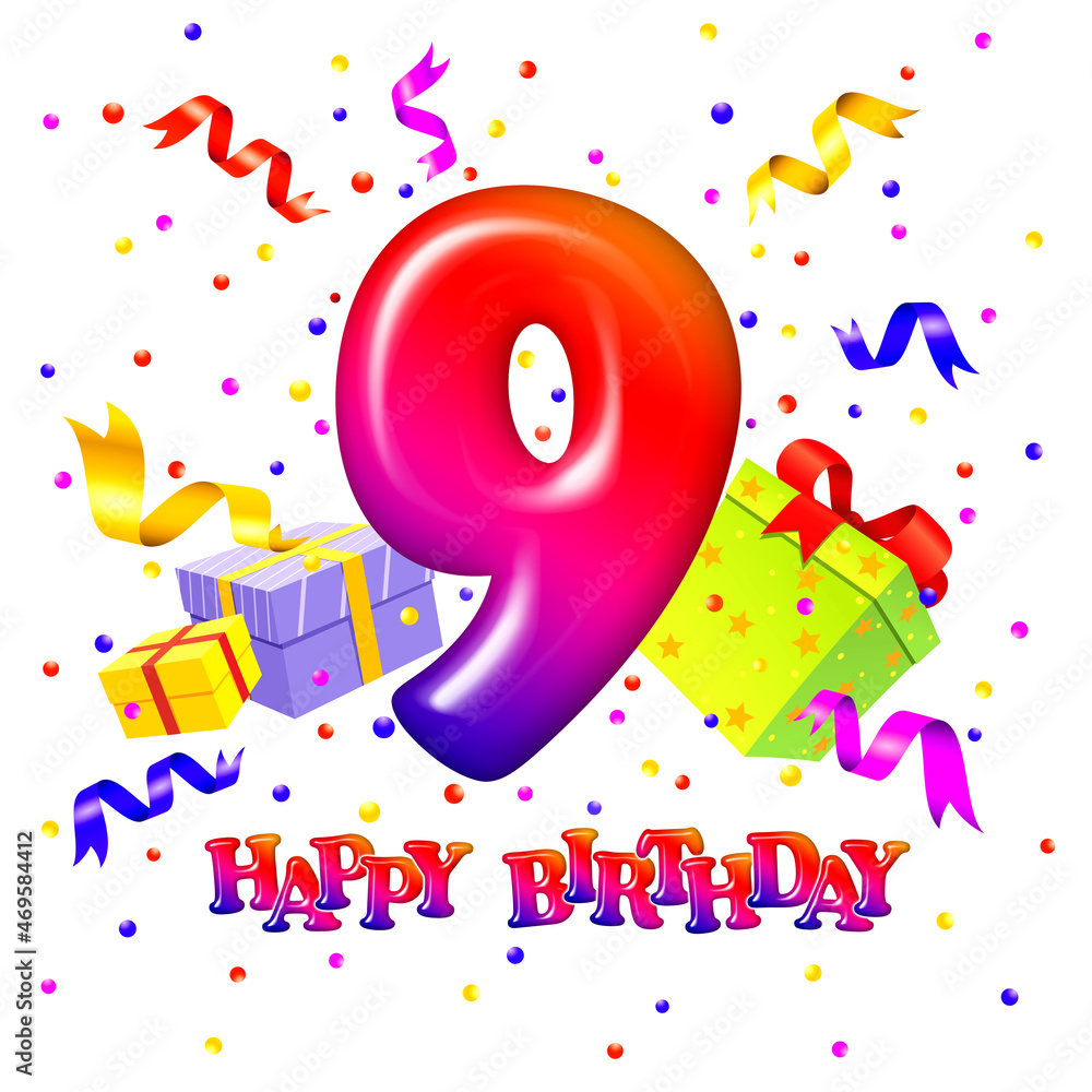 9 year Happy Birthday. Celebration background with number nine and gift ...