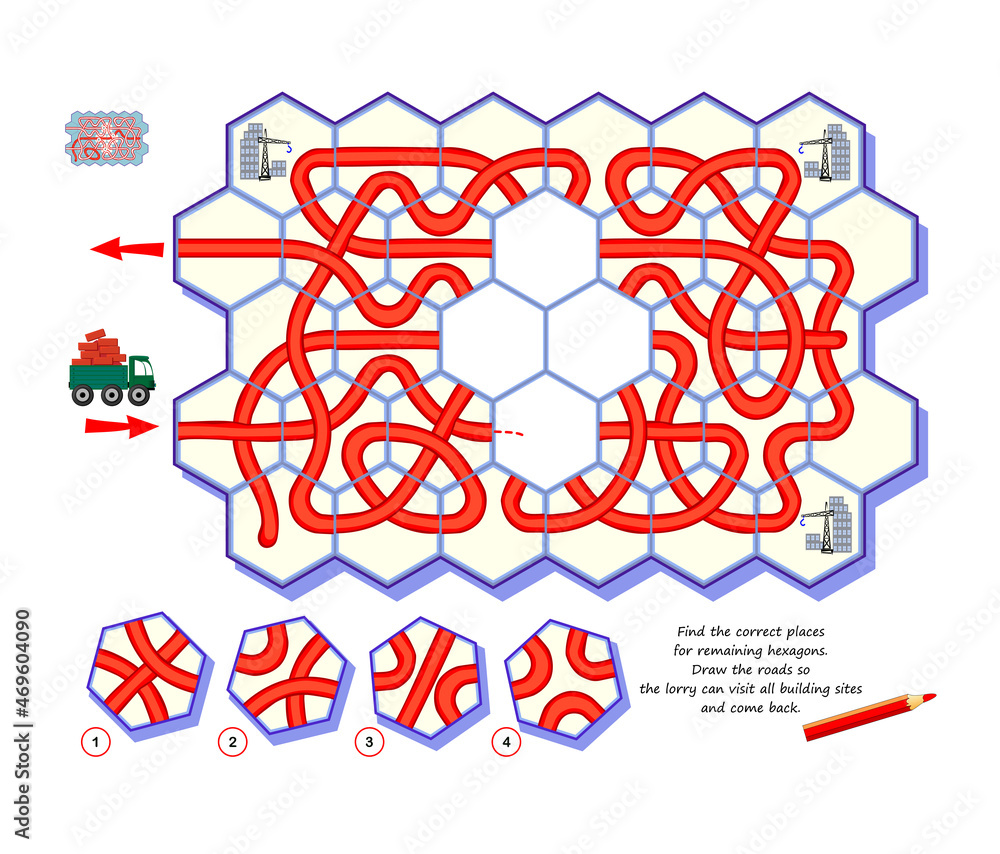 Logic puzzle game. Find the correct places for remaining hexagons. Draw ...