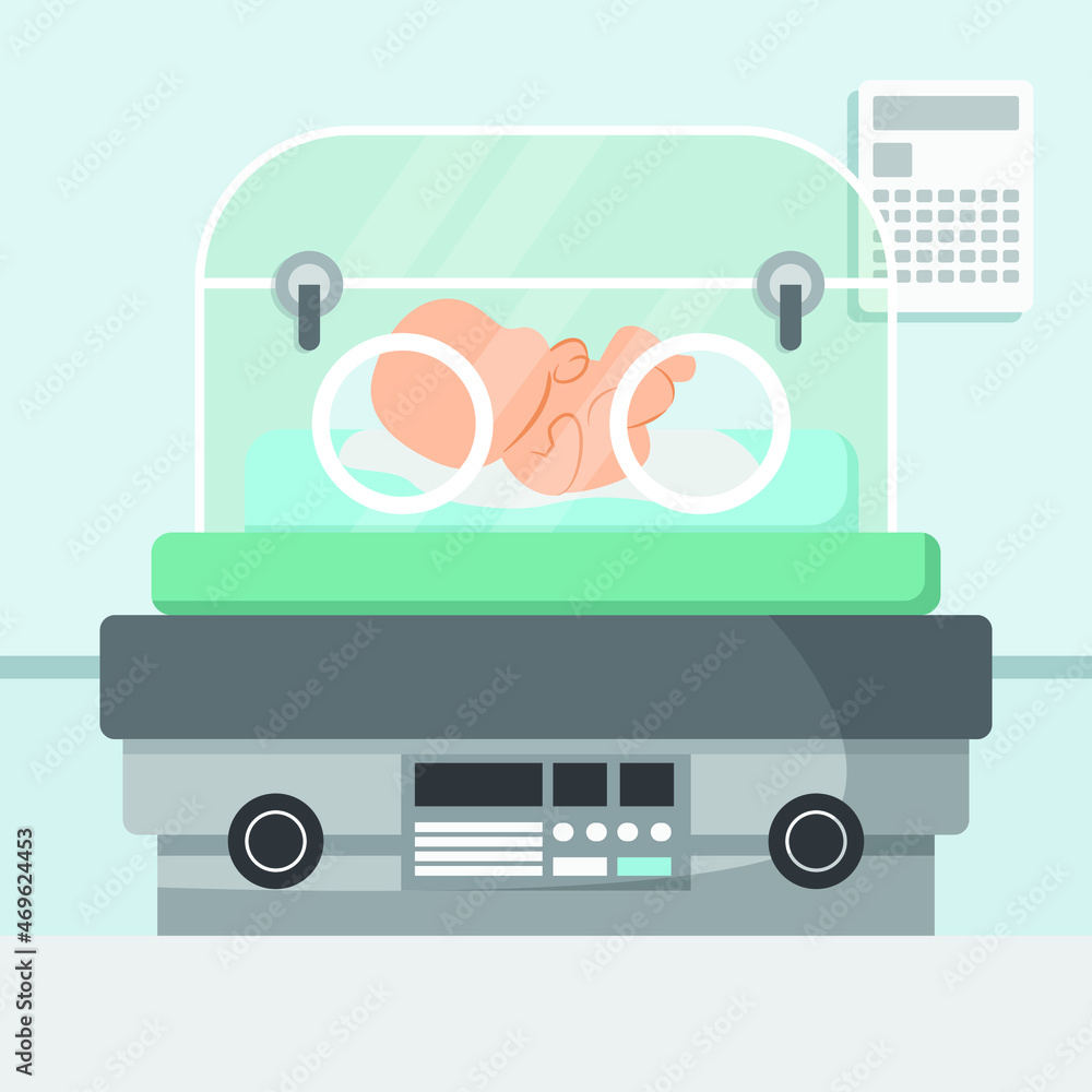 Premature baby sleeping in glass incubator box. Baby nursery. Colorful ...