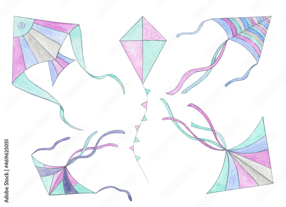 Collection of watercolor kites in pastel colors. Makar Sankranti ...