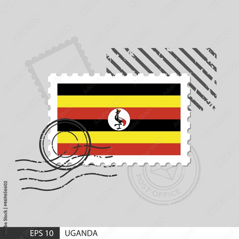 Uganda flag postage stamp. Isolated vector illustration on grey post ...