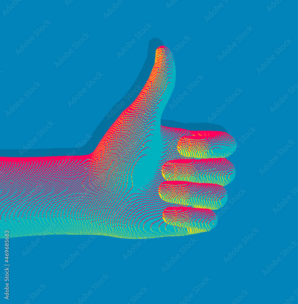 Thumbs up symbol. Hand show like or good. Sign success and nice. Voxel ...