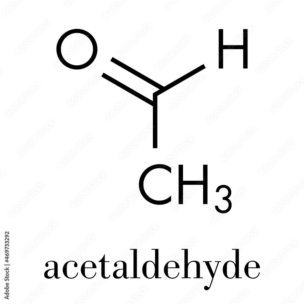 Acetaldehyde (ethanal) molecule, chemical structure. Acetaldehyde is a ...