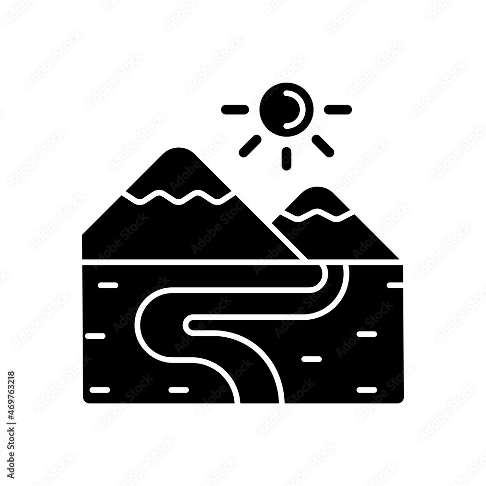 Valley black glyph icon. Lowland. Elongate low landform. Area between ...