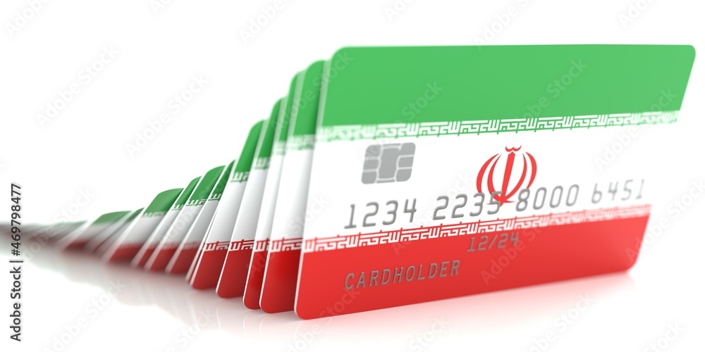 Domino effect with falling credit cards with flags of Iran. Conceptual ...