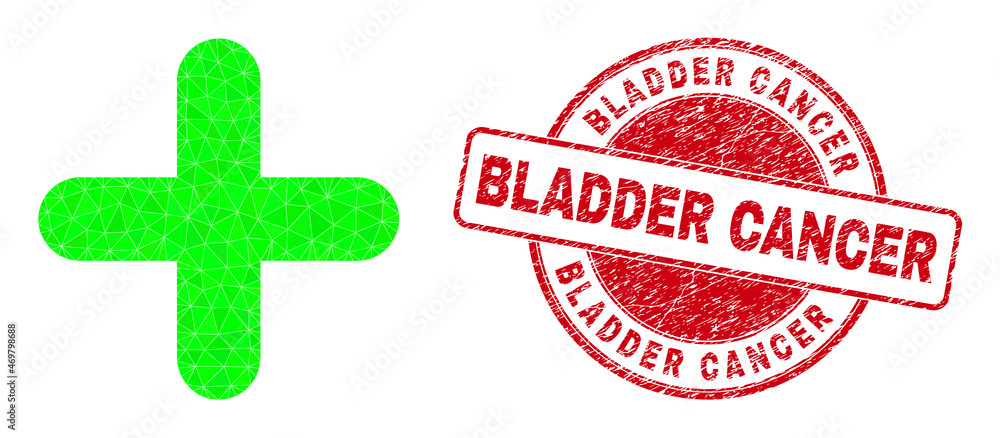 Low-Poly polygonal cross symbol illustration, and BLADDER CANCER rubber watermark. Red stamp ...