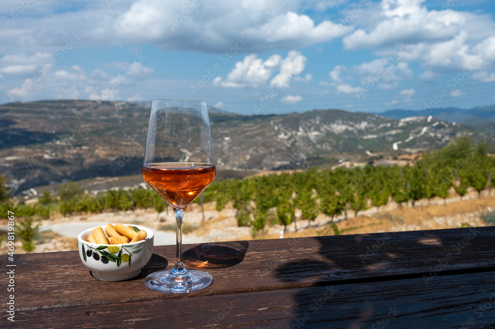 Wine industry of Cyprus island, tasting of rose dry wine on winery with ...