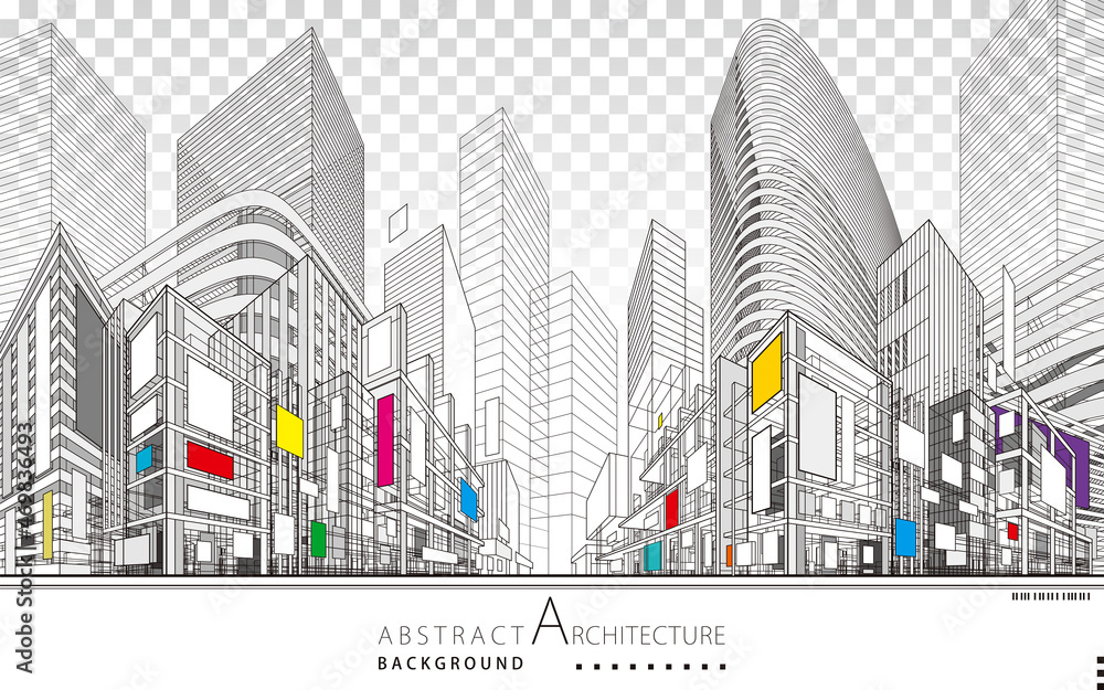 3D illustration linear drawing. Imagination architecture urban building ...