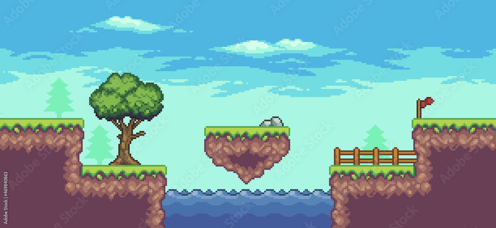 Pixel art arcade game scene with tree, lake, floating island, fence ...