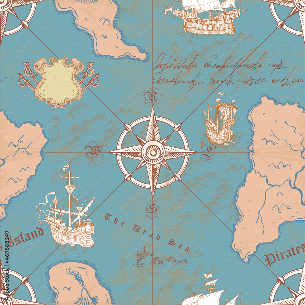 vector image of ancient nautical chart of sea routes of medieval ships ...