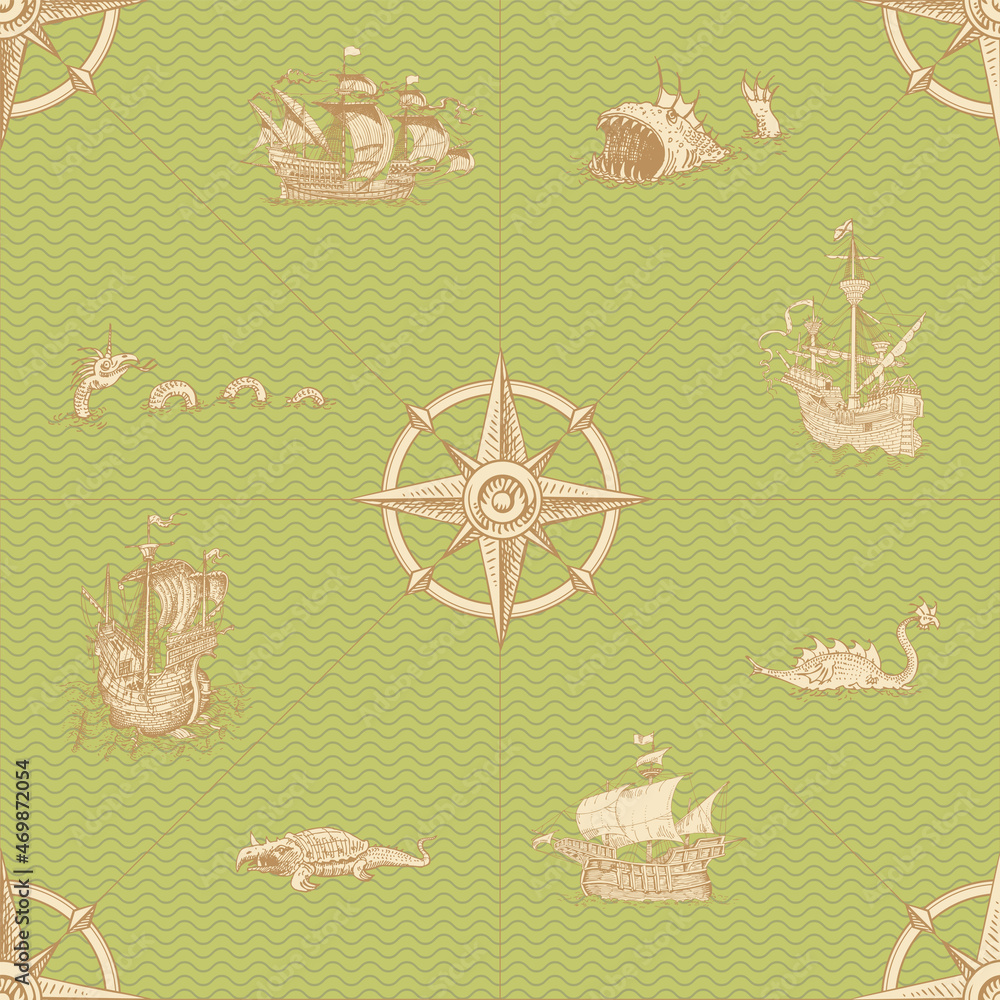 vector image of ancient nautical chart of sea routes of medieval ships ...