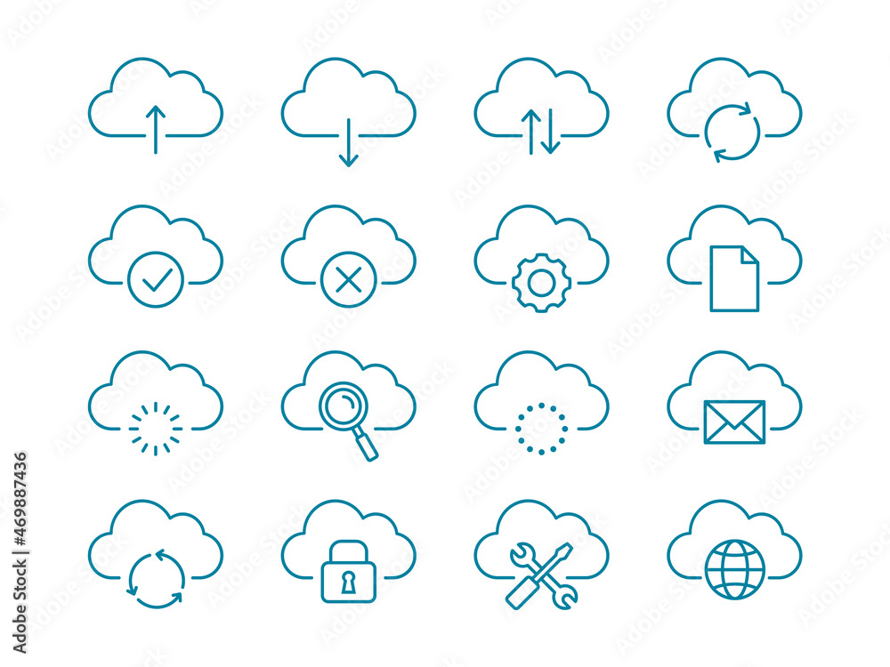 Cloud computing line icon set. Collection of 16 different cloud technology symbols. SaaS, IaaS ...