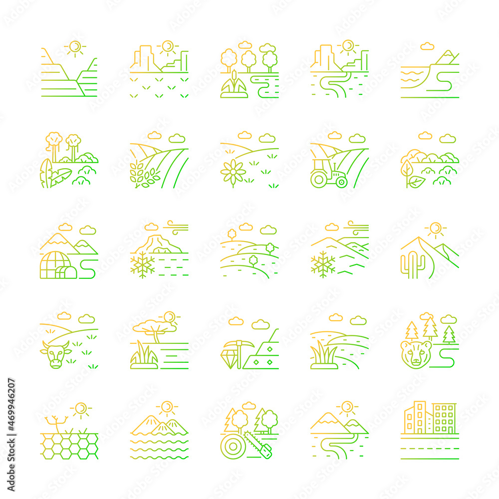 Vector de Stock Land types gradient linear vector icons set. Biome ...