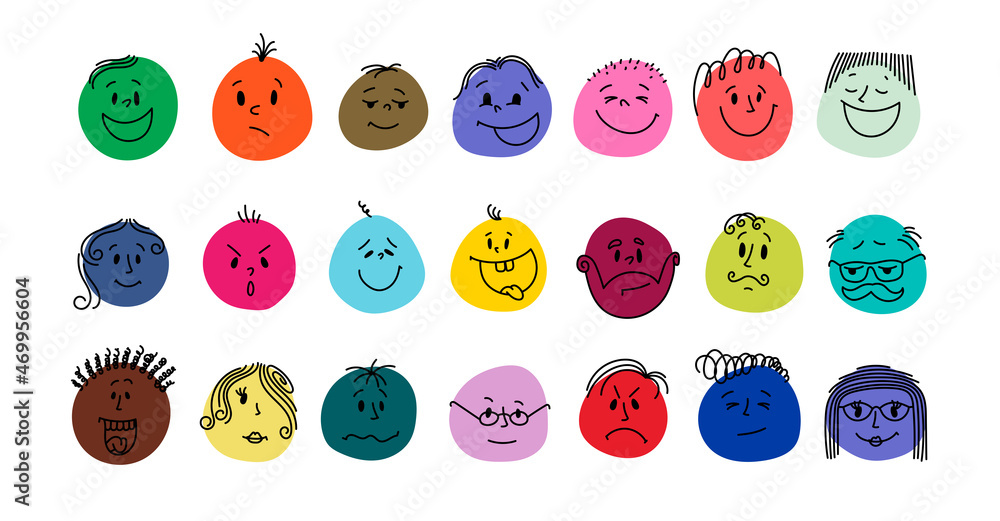 Round colored comic faces with various emotions. Flat kids design ...