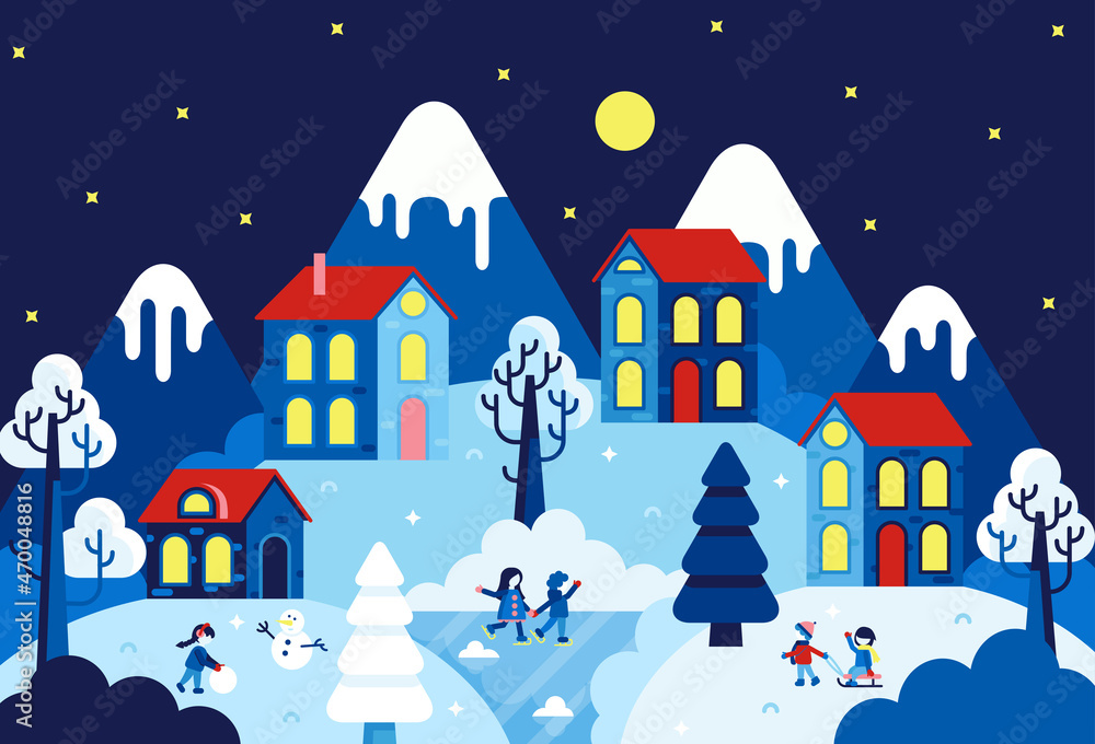 Winter night landscape with children playing winter games, ice lake and ...