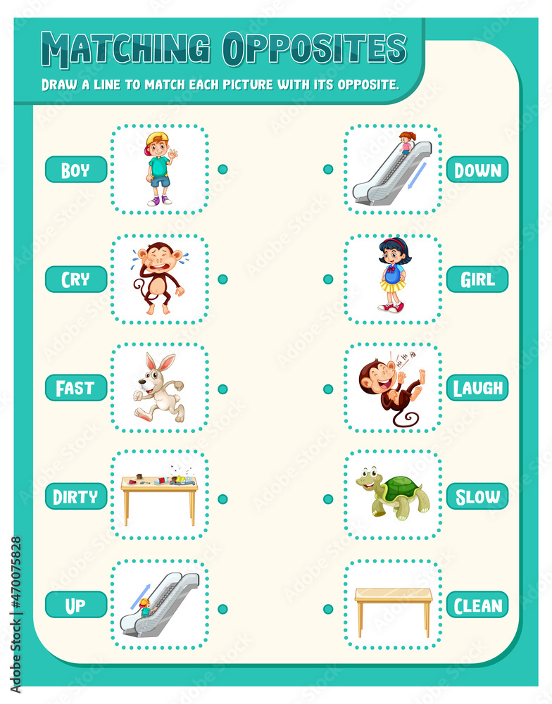 Matching opposite words worksheet template Stock Vector | Adobe Stock