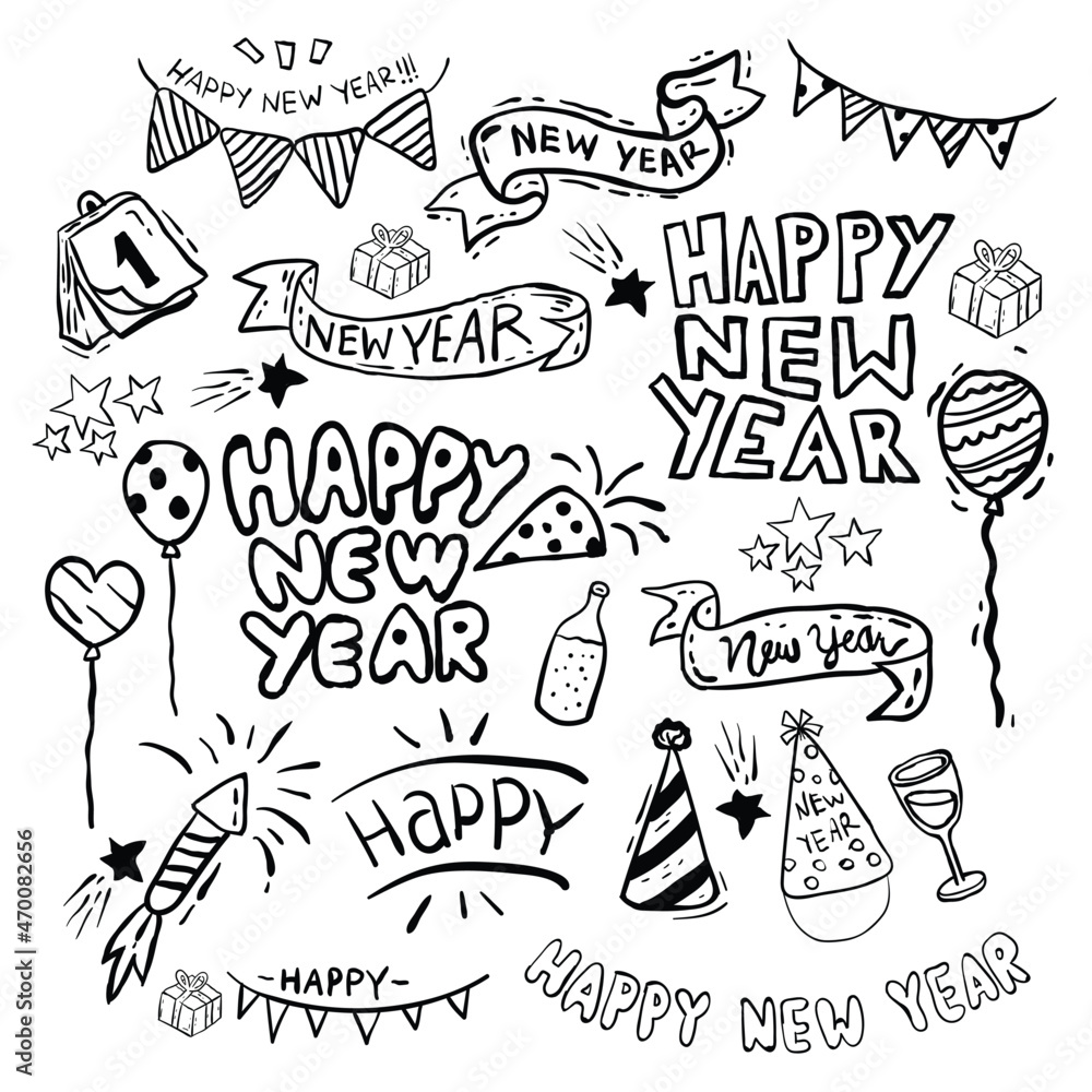 icon set happy new year hand drawing vector black and white Stock ...