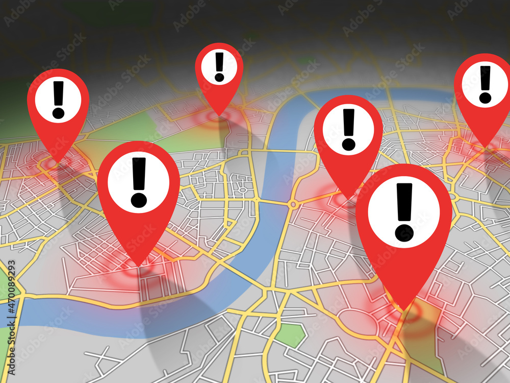 London 3D map with multiple incident alerts. Warning alerts ...