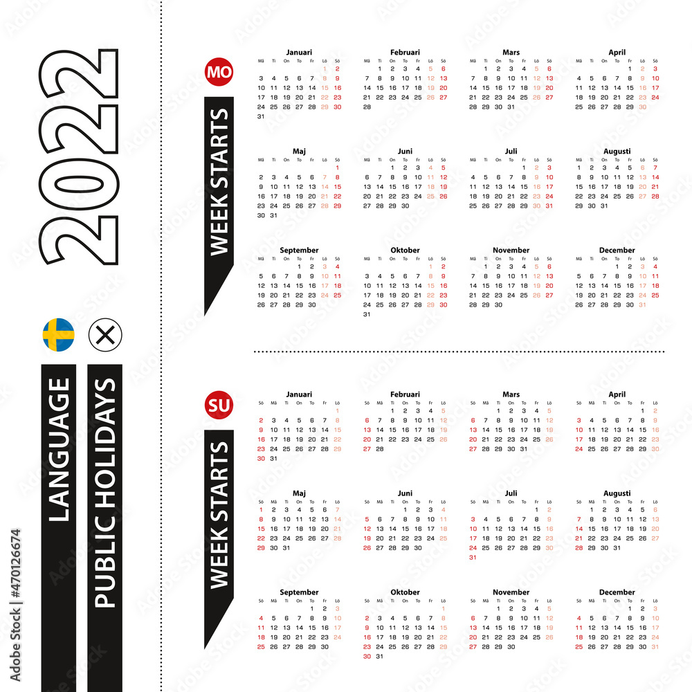 Two versions of 2022 calendar in Swedish, week starts from Monday and ...
