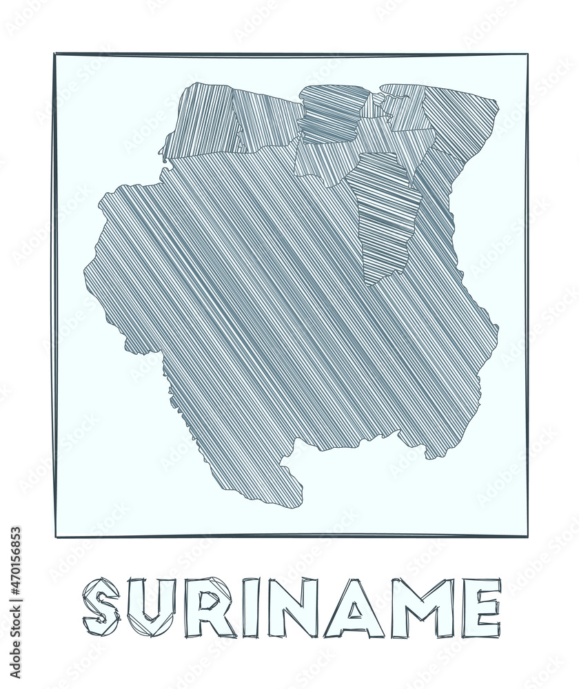 Grayscale hand drawn map of Suriname. Filled regions with hachure ...