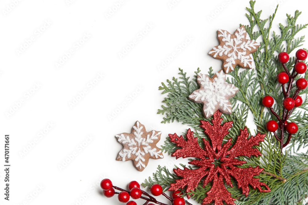 Christmas decoration. Christmas tree branches, red berries and snow ...
