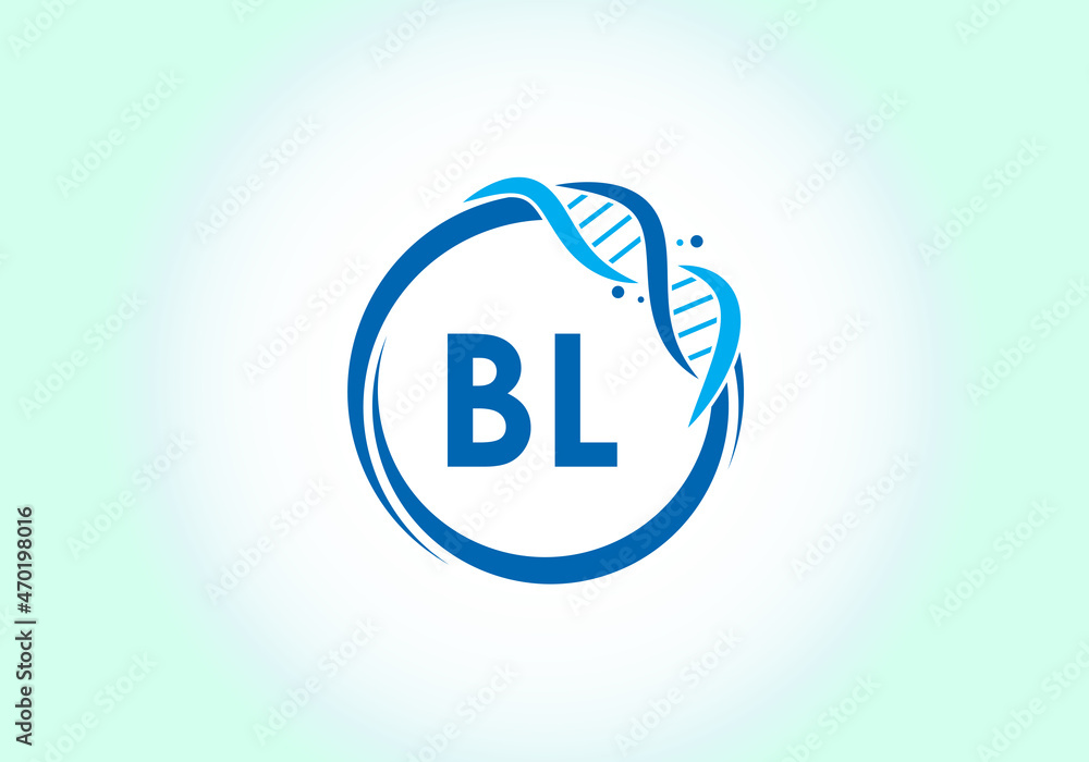 Letter BL monogram alphabet in a circle with DNA. Genetics logo design ...